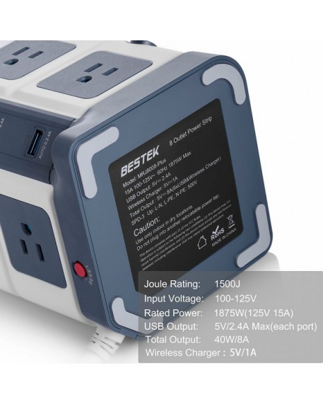 8-Outlet Desktop Power Strip Wireless Charger -BESTEK